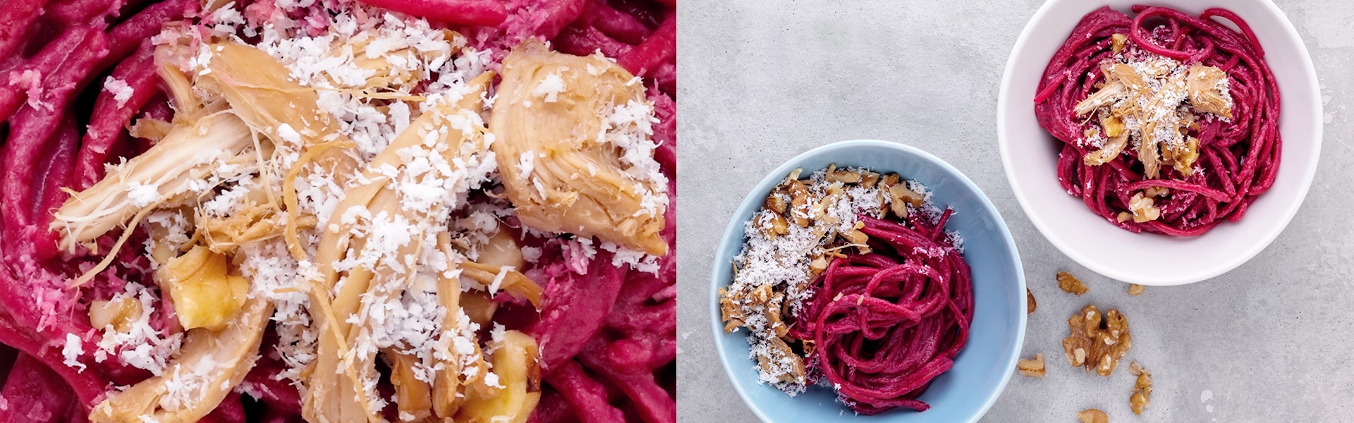 Purple Beet Spaghetti with Pulled Chicken and Walnut