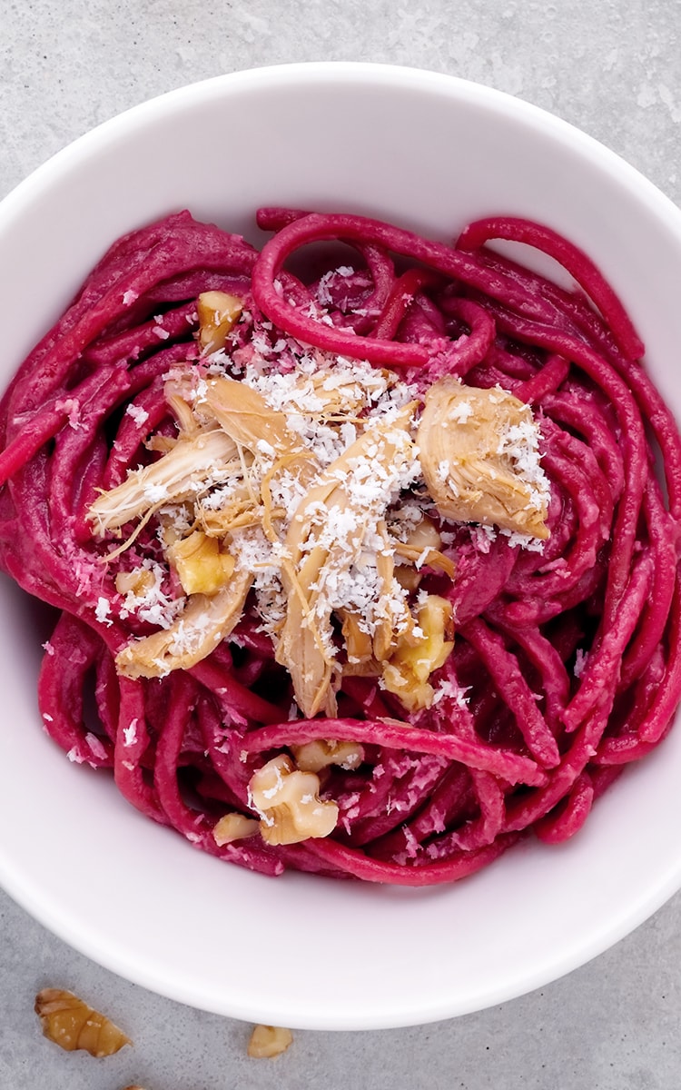 Purple Beet Spaghetti with Pulled Chicken and Walnut