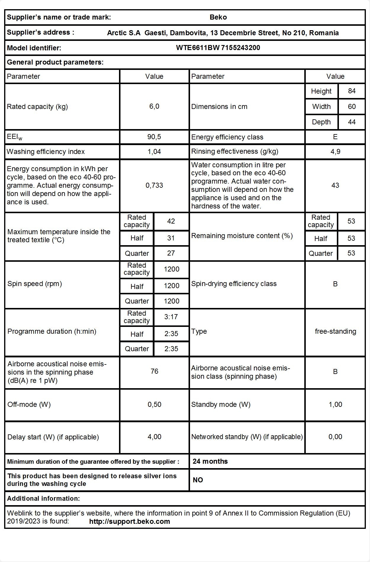 WTE6611BW | Freestanding Washing Machine (6 kg, 1200 rpm) | BEKOGLOBAL