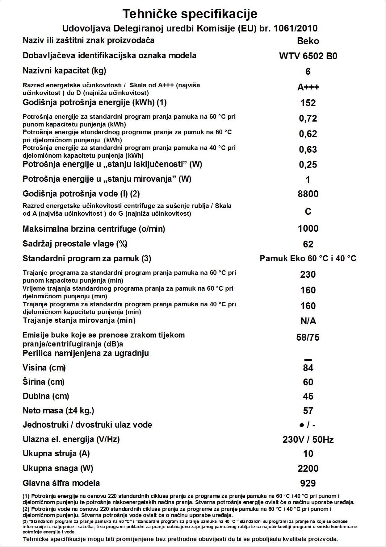 WTV 6502 B0 | Samostojeća perilica rublja (6 kg, 1000 okr/min) | BEKOGLOBAL