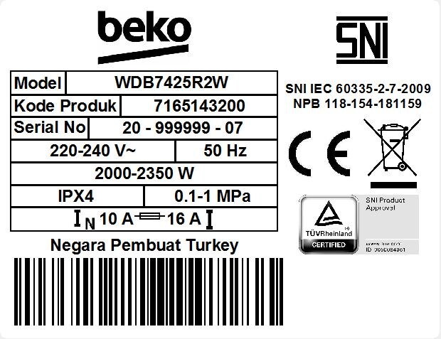 Mesin Cuci dan Pengering (7 kg / 4 kg, 1400 rpm) | WDB7425R2W | BEKO